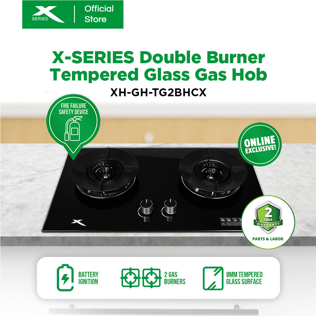 X-SERIES Double Burner Tempered Glass Gas Hob with Battery Ignition an ...