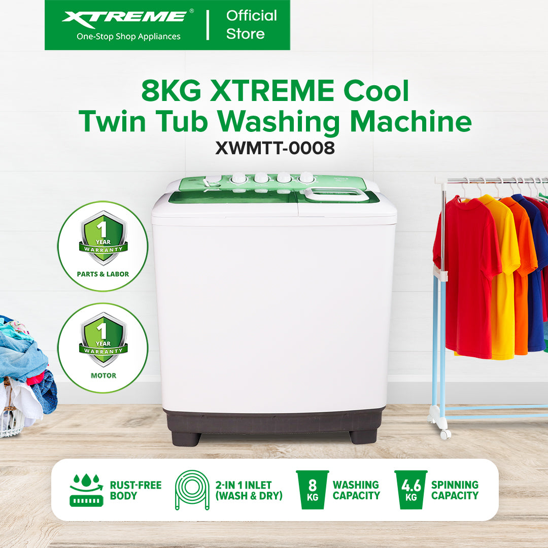 XTREME COOL 8KG Twin Tub Wash and 4.6KG Spin Dry Washing Machine (Gree ...